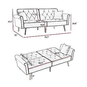 HUAYICUN Loveseat Convertible Sleeper Sofa, Modern Velvet Futon Sofa with 2 Pillows, Modern Armchair Accents Couch Metal Legs Lounge Chairs for Living Room