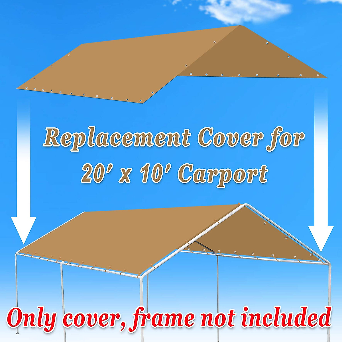 Strong Camel Outdoor 10x20 Ft Replacement Canopy Roof Cover Valanced Carport Covers with Ball Bungee(Without Edge 10'x20', Tan)