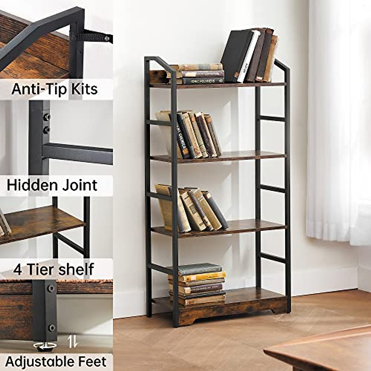 Vagusicc Industrial Display Standing Bookshelf, 4-Tier Tall Bookcase Wood Book Shelf, Modern Book Shelf Storage Organizer Steel Frame, Multipurpose Bookshelf for Living Room/Bedroom/Kitchen/Bathroom