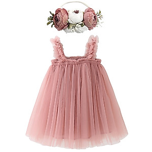 BGFKS Layered Tulle Tutu Dress for Toddler Girls,Baby Girl Rainbow Tutu Princess Skirt Set with Flower Headband.(Dusty Rose,12 Months)