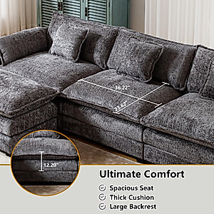 112.2" L Shaped Sectional Sofa, Modern Modular Cloud Couch with Movable Ottoman, 3 Seat Couches for Living Room, Apartment, Grey Chenille