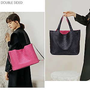 Ladies Handmade Knitting Large Handbags and Purses Casual Tote For Women Summer Beach Travel Bag Woven Composite Shoulder Bag (Rose red&black)