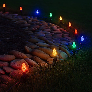 50’ OptiCore LED C7 Multicolor Christmas Pathway Lights, C7 Landscape Lights, 4.5” Stakes, Green Wire Plug String Lights