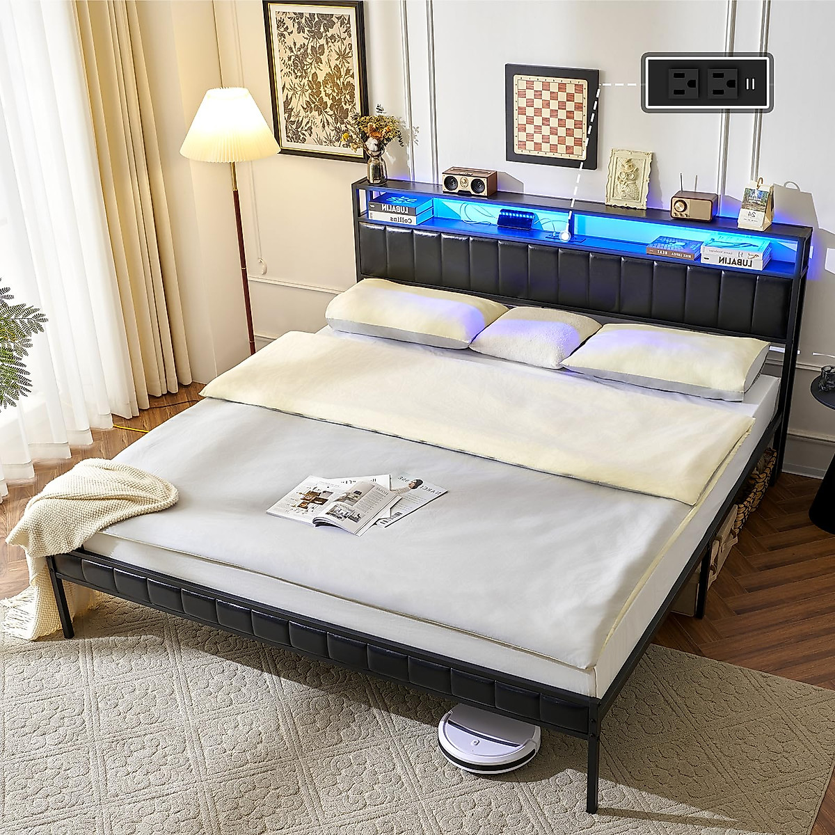 AMERLIFE King Size Platform Bed Frame, LED Bed Frame with PU Leather & Charging Station, 2-Tier Storage Headboard/No Box Spring Needed/Noise Free, Black