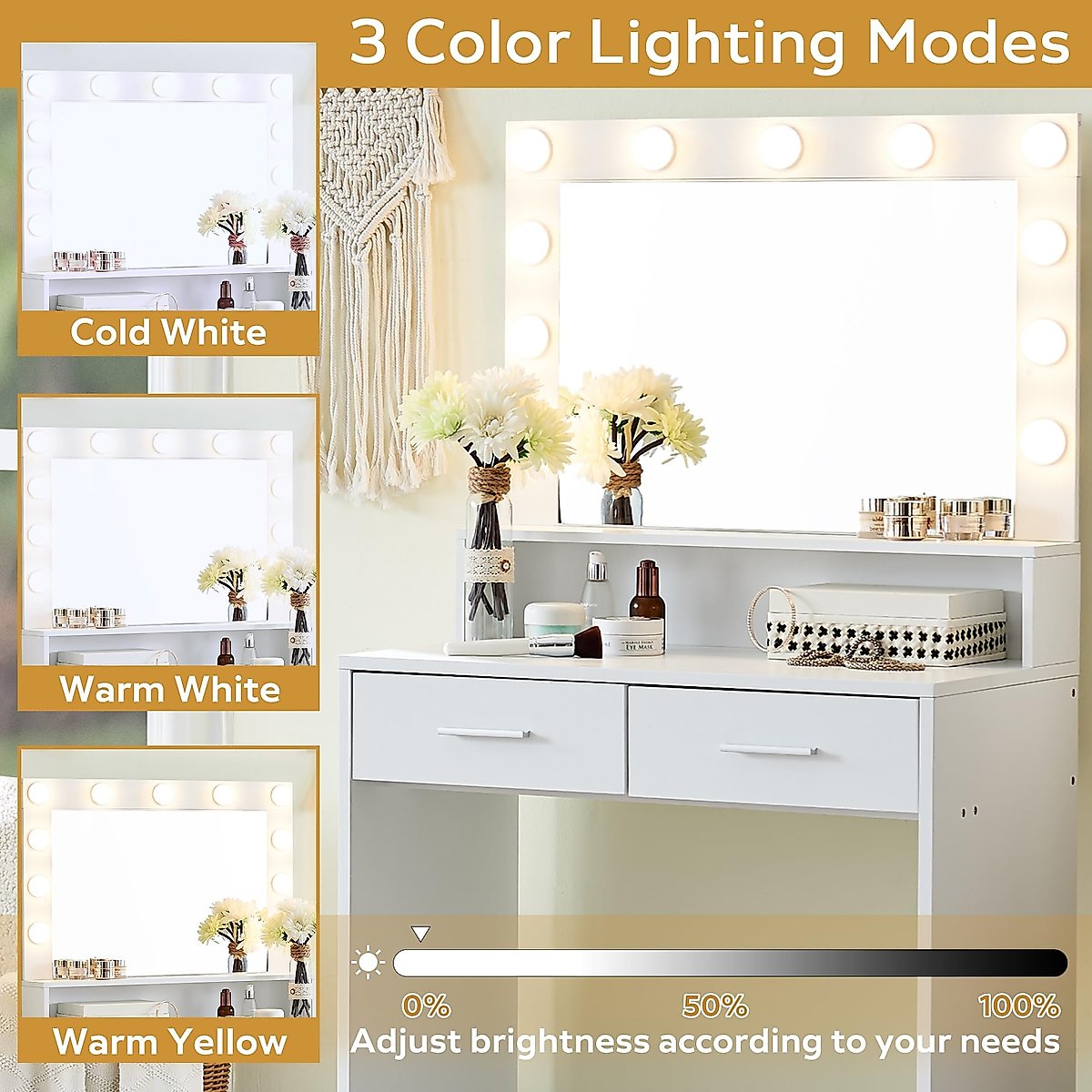 MIRROTOWEL Vanity Desk with Mirror and Lights, Dressing Table with Large Drawer, 2 Level Storage Dresser & 3 Lighting Modes Adjustable Brightness, Suitable for Bedroom