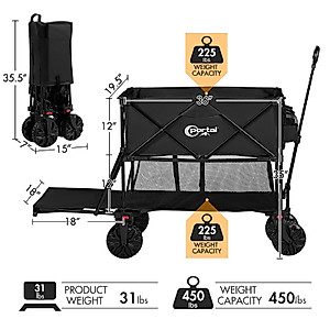 PORTAL 400L Collapsible Double Decker Wagon, Folding Wagon Cart with Tailgate, Beach Wagon with Big Wheels, 450LB Heavy Duty Foldable Wagon, Large Capacity Wagon for Camping, Sports, Garden, Baseball