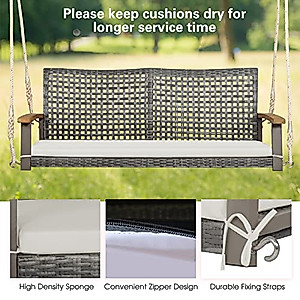 Tangkula 2-Person Outdoor Porch Swing with 118" Hanging Ropes, Patiojoy PE Wicker Patio Hanging Swing Bench with Soft Seat Cushion & 800 Lbs Weight Capacity, Suitable for Patio, Garden (Off White)