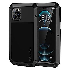 Lanhiem for iPhone 12 Pro Max Metal Case (6.7 inch), Heavy Duty Shockproof [Tough Armour] Case with Built-in Glass Screen Protector, 360 Full Body Dust Proof Protective Cover, Black