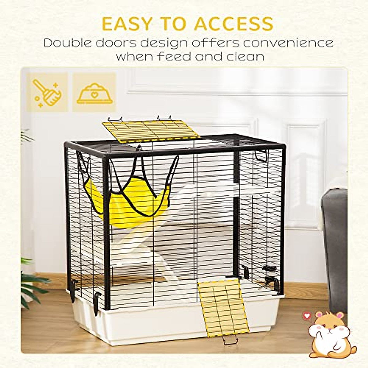 PawHut Small Animal Cage Habitat Indoor Pet Play House for Guinea Pigs Ferrets Chinchillas, with Accessories Hammock Water Bottle Balcony Ramp Food Dish, 31.5", Yellow