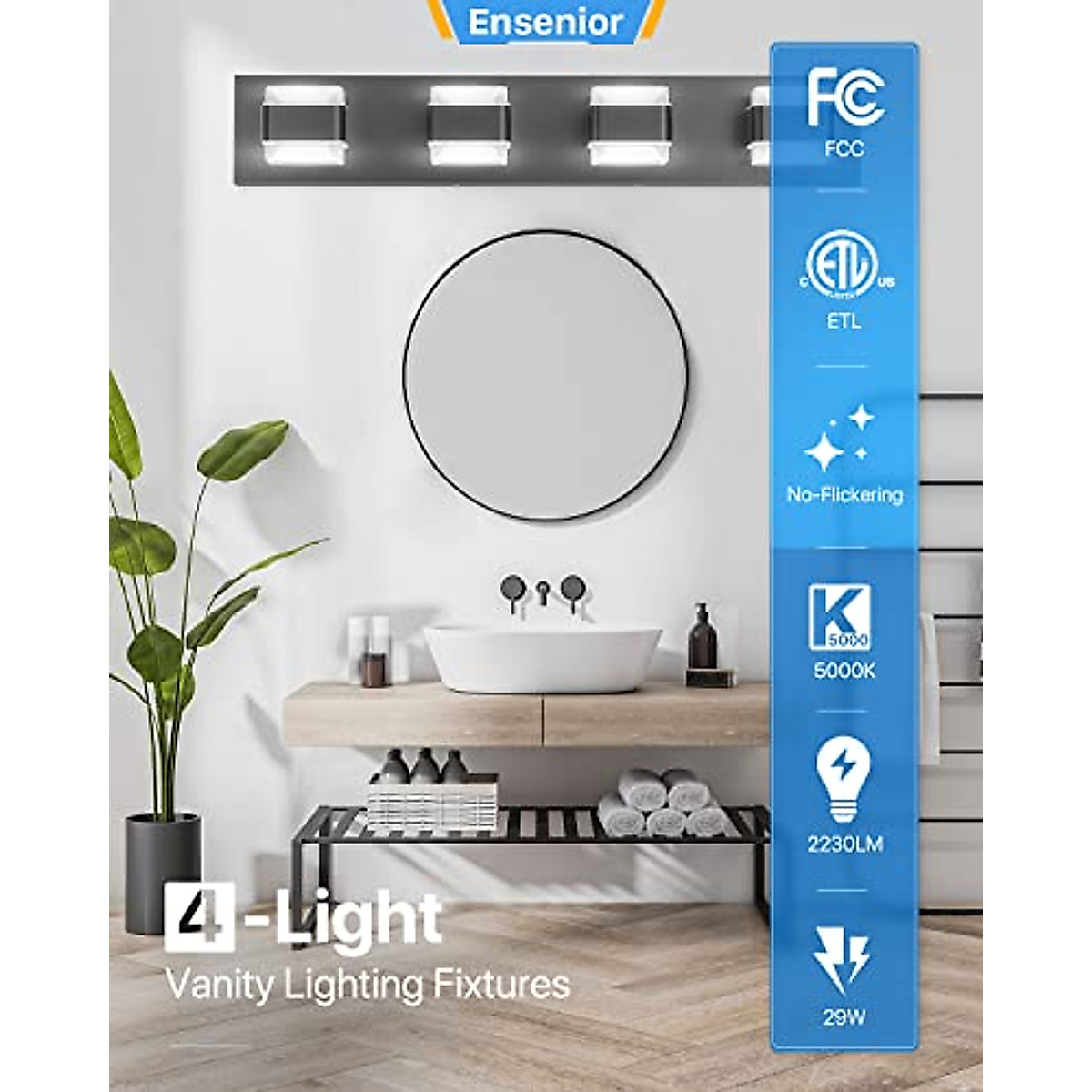 Ensenior Bathroom Light Fixtures, Dimmable LED Vanity Lights Over Mirror, CRI 90, 5000K Daylight, Acrylic Stainless Steel, 4 Lights for Modern Vanity Lighting Fixture, 29W 2230LM - Black
