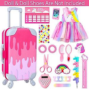 21pcs 18 Inch Doll Clothes and Accessories for Doll School Play Set Includes Suitcase, Clothes, Sticker, Class Schedule Card, Comb, Mirror, Eraser, Calculator, Nail File Buffer, Pencil, Ruler