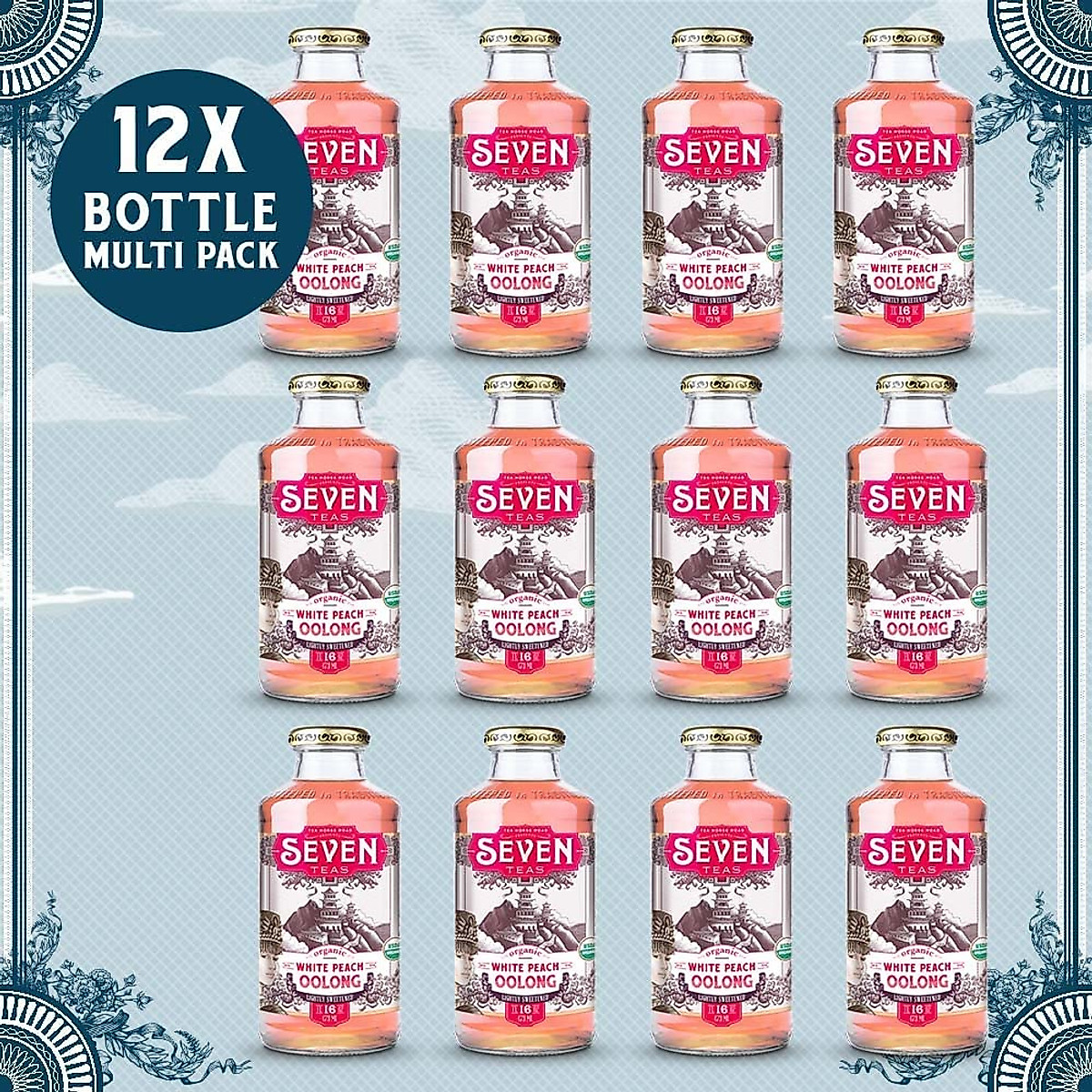 SevenTeas White Peach Oolong Tea, Organic Bottled Iced Teas 16 OZ (Pack of 12 Bottles)