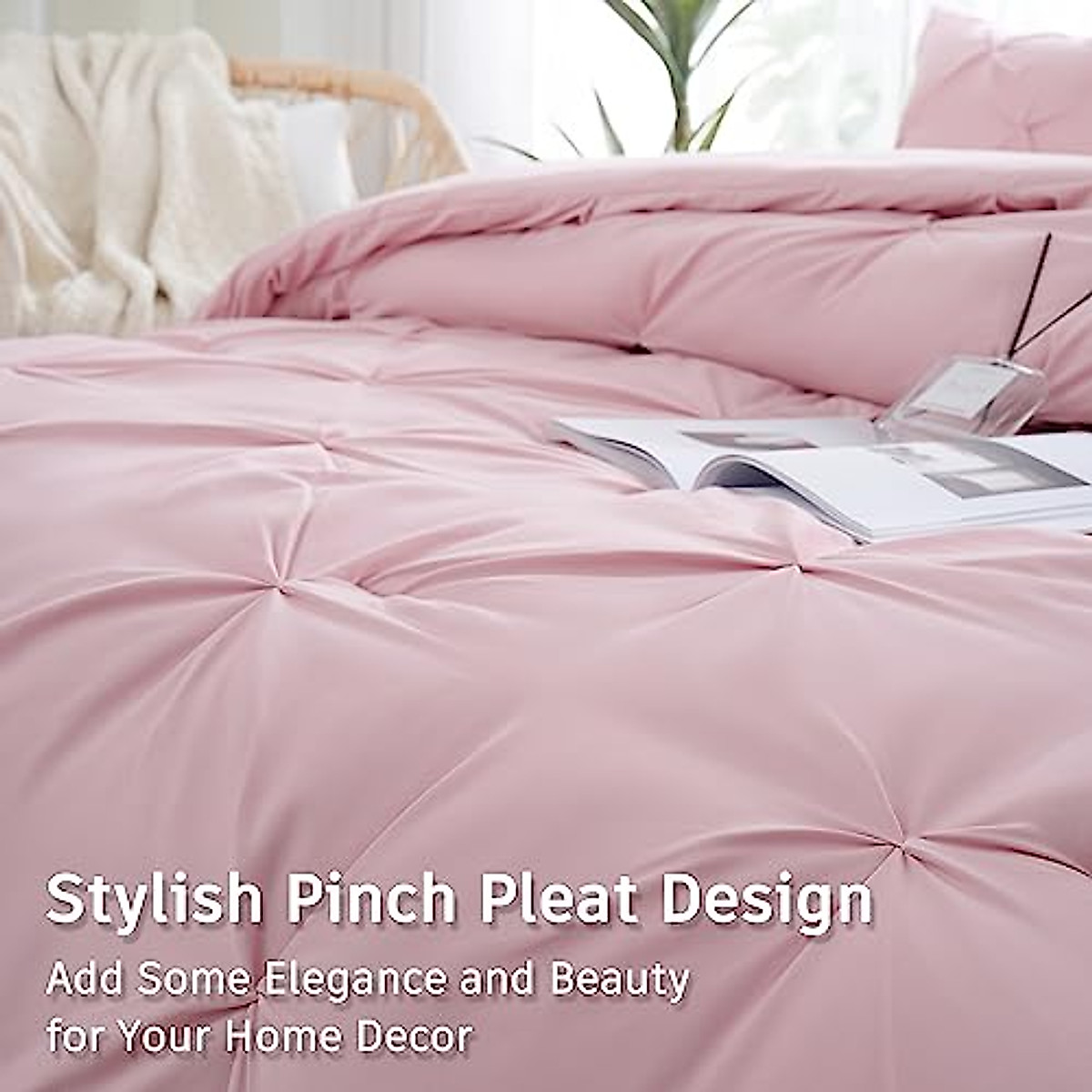 DOWNCOOL King Size Comforter Set - Pintuck Bedding Comforter Sets, 3-Piece Set, 1 Pinch Pleated Comforter and 2 Pillowcases, Soft Bedding Comforters & Sets for All Season, Pink Comforter King Size