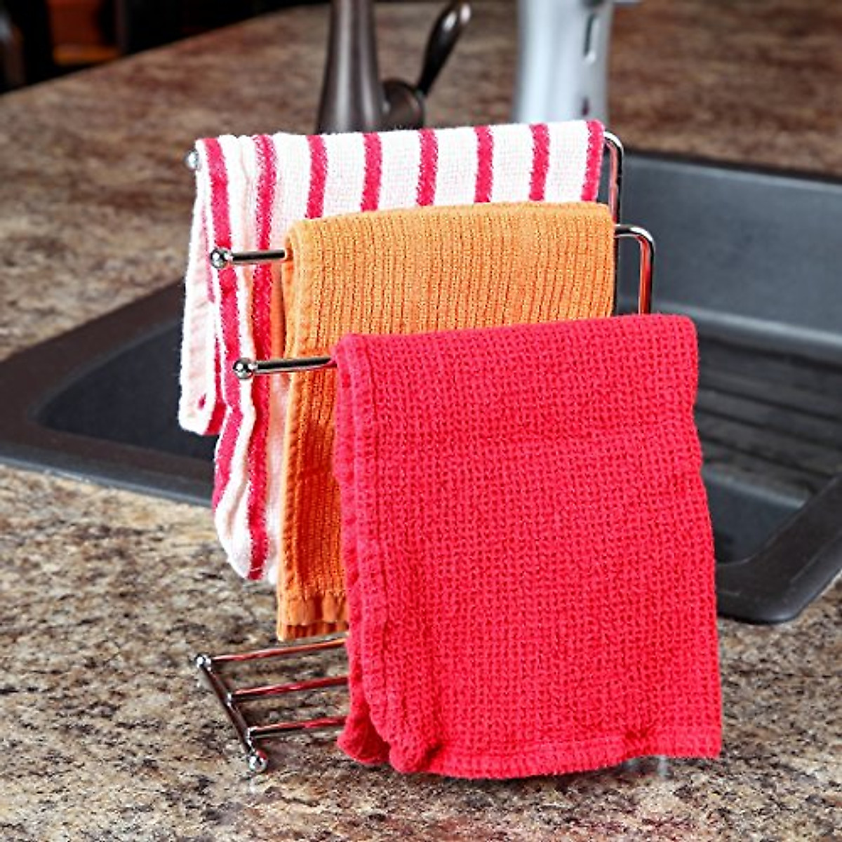 Home-X - Free Standing Towel Rack, Space Saving Kitchen Towel & Hand Towel Rack Holds 3 Towels at Once, Polished Chrome Finish & Design Looks Great in Kitchens & Bathrooms (Towels Not Included)