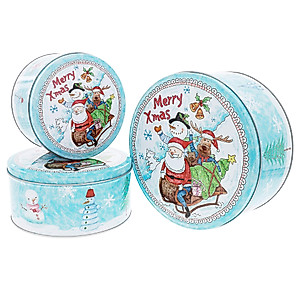 Juvale Christmas Nesting Cake Tins - 3-Set Round Nested Cookie Candy Storage Containers with Lids for Confectioneries, Holiday Decor, Light Blue and White