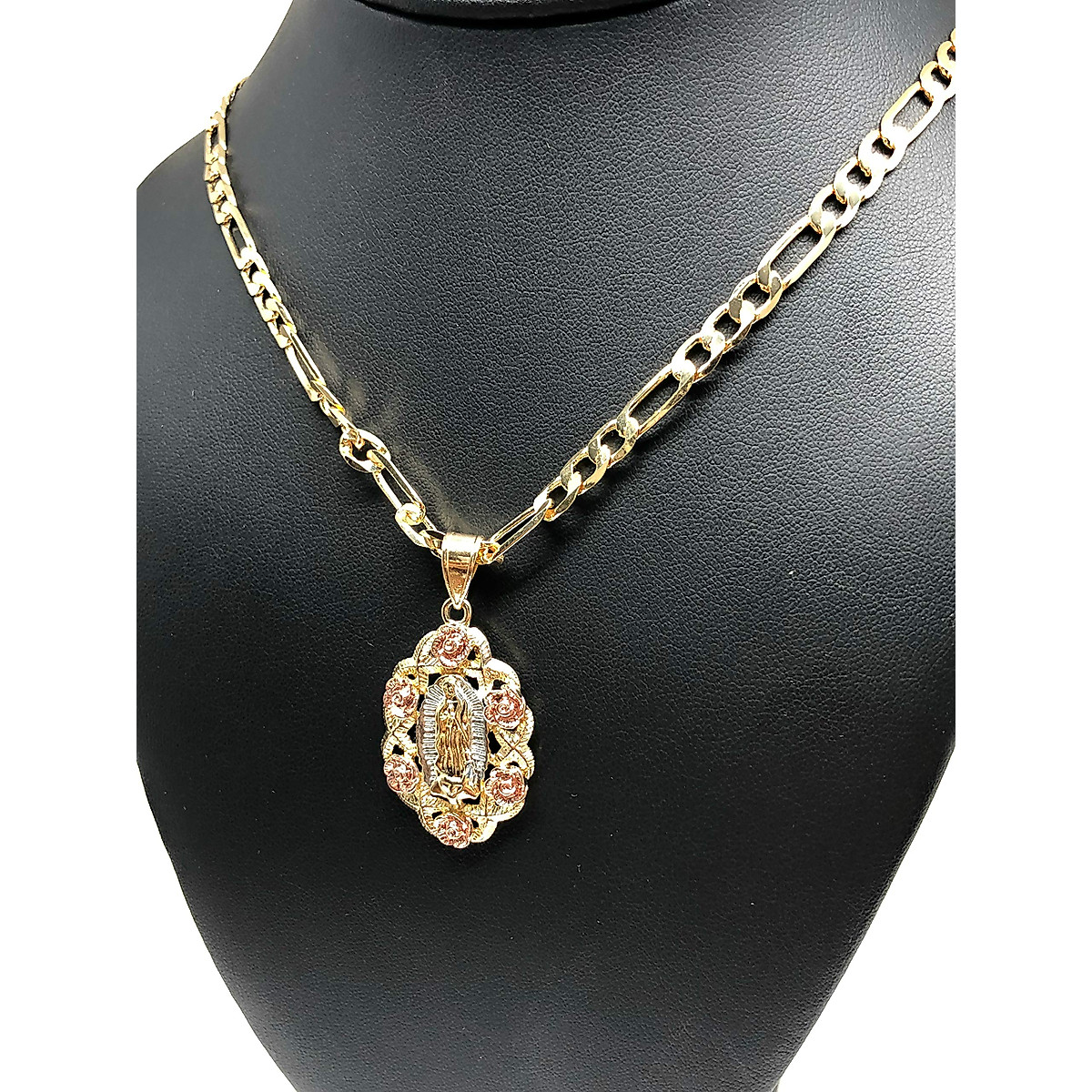 Tri-Color Virgin Mary Flower Pendant Necklace 26" Virgen de Guadalupe Medalla Tres Colores Con Flores