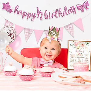Half Birthday Decorations Baby Girl, Hombae 12 Birthday Decorations Supplies, 6 Months Birthday Decorations, Pink Rose Gold Glitter Half Birthday Banner with Triangle Flag Banner, 12 Birthday Hat
