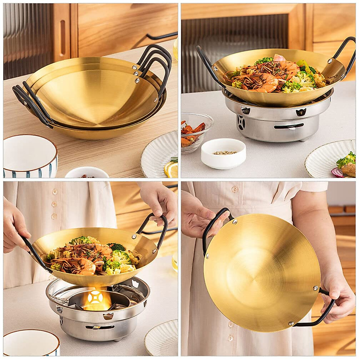 Cabilock Stainless Steel Cookware Stainless Steel Frying Cooking Pot 24cm Metal Stock Pot Stir Fry Pan Stewpot Skillet Round Bottom Wok Pan Binaural Wok for Kitchen Cooking Camping Cooking Set