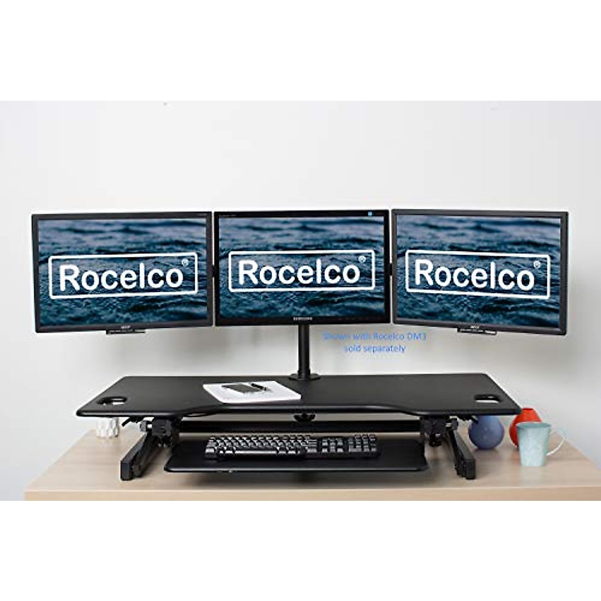 Rocelco 46" Large Height Adjustable Standing Desk Converter, Quick Sit Standup Triple Monitor Riser, Gas Spring Assist Computer Workstation, Retractable Keyboard Tray, (R DADRB-46), Black