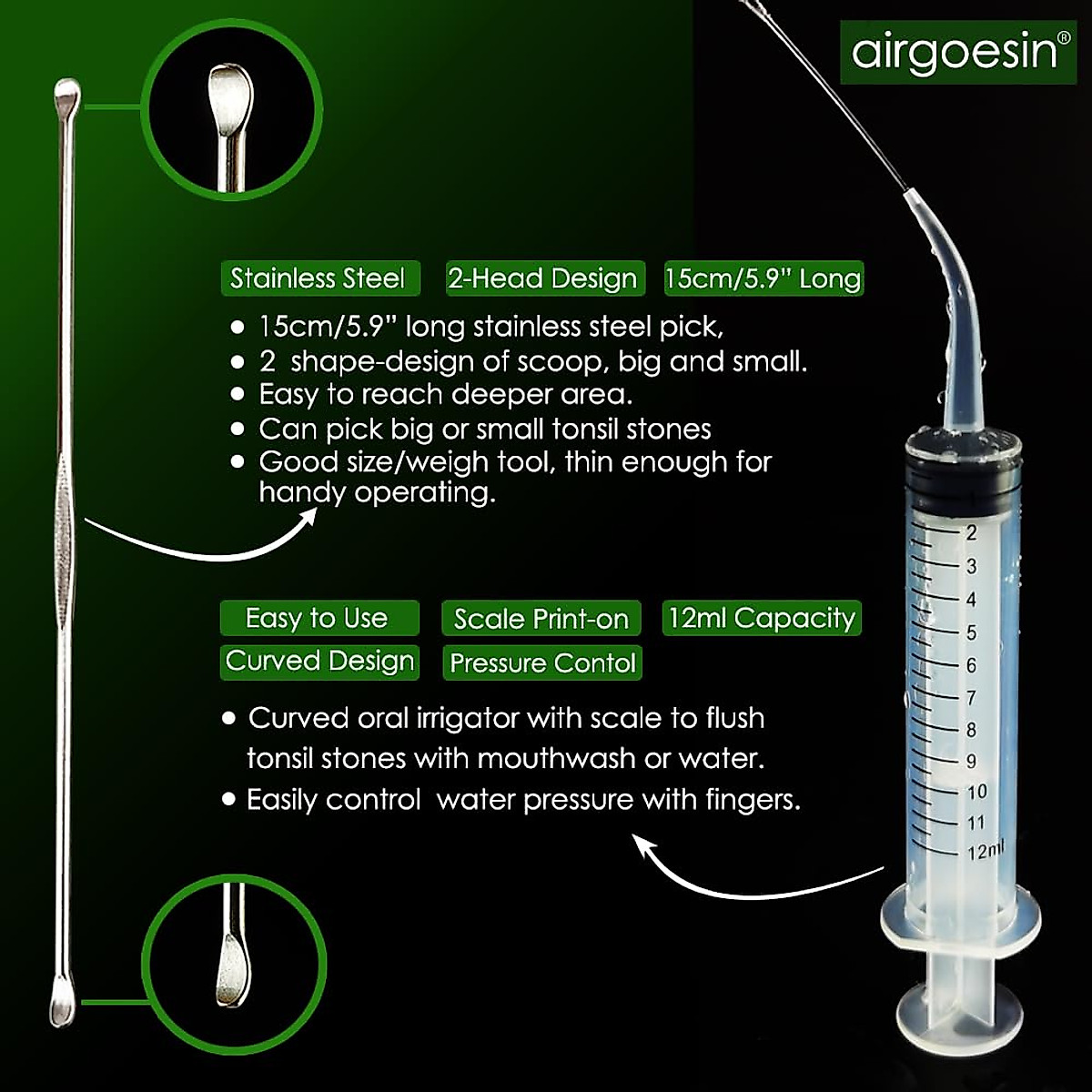 Airgoesin Upgraded 2 Lighted Tonsil Stone Remove Tool Tonsillolith Pick + Irrigation Clean Syringe Fresh Breath Oral Rinse