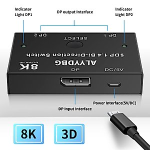 ALYYDBG 8K Display Port Switch, Bidirectional DP 1.4 Switcher Box with One-Click Switching, Supports 2 in 1 Out / 1 in 2 Out; 8K@60Hz, 4K@120Hz, 1080P@240Hz for PC Monitor Laptop