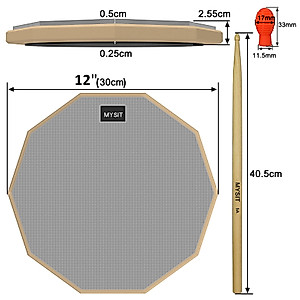 MySit 12-Inch Drum Practice Pad and Sticks Set With 2pcs Silicone Drumstick Mute Tips, Double Sided Silent Snare Drum Pads With 5A Drum Sticks & Storage Bag for Real Feel Practice Drumming-Grey