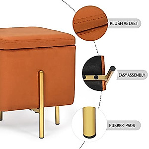 Adeco Velvet Upholstered Square Storage Ottoman, Vanity Stool Footrest with Sturdy Metal Legs in Gold Finish, Small Coffee Table Side Table for Living Room Bedroom Couch (Orange)