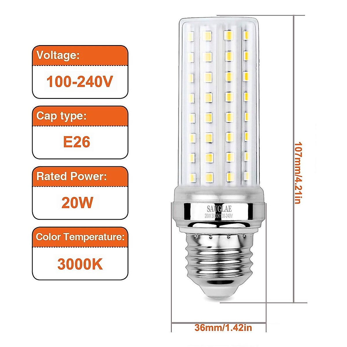 SAUGLAE 20W LED Corn Bulbs, 150W Incandescent Bulbs Equivalent, 3000K Warm White, Non-Dimmable, 2000Lm, E26 Edison Screw Light Bulbs, 3-Pack