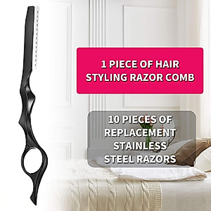 Mudder 11 Pieces Hair Styling Razor Hair Thinning Comb Hair Texturizing Cutting Razor Comb with Replacement Stainless Steel Razors for Salon Home Use (Black)