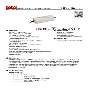 Mean Well LPV-150 LPV-150-12 LPV-150-24 LPV-150-48 LPVL-150-12 LPVL-150-24 MEANWELL LPV 150 150W