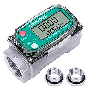 GRYVOZE 1 Inch Digital Turbine Fuel Flow Meter, 2.6-26 GPM Inline NPT Thread Flowmeter with 3/4 in Adapters for Water, Diesel, Gas Oil, Gasoline, and Other Liquids - Supports Gallon, QTS, PTS, L, m³