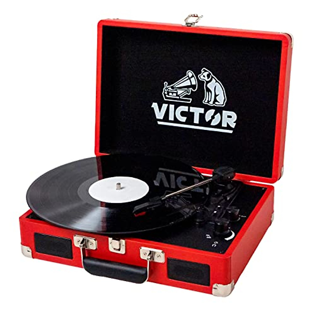 VICTOR Metro 3-Speed Portable Suitcase Turntable Record Player with Dual Bluetooth in & Out and Built-in Stereo Speakers, Red