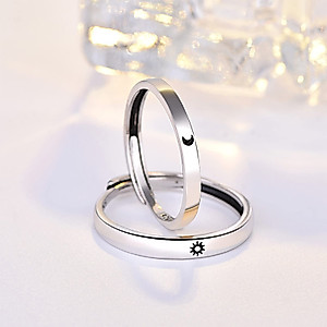 2 Pcs Couple Rings Silver Sun Moon Rings for His Hers Wave Matching Rings Set Long Distance Relationship Rings Adjustable Promise Rings for Best Friends(2 Pcs Couple Rings B)