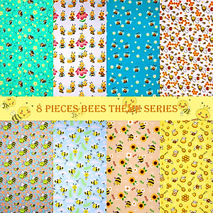 8 Pieces Bee Fabric Honey Bee Pattern Fabric Fat Quarters Bee Theme Quilting Fabric Bees Flower Printed Craft Fabric Bundles for DIY Sewing Quilting Crafts (20 x 20 Inch)