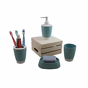 Bathroom Accessories Set 4 Piece Accesorios para Baños Soap Dispenser, Soap Dish, Tumble, Toothpaste-Toothbrush Holder (Teal)