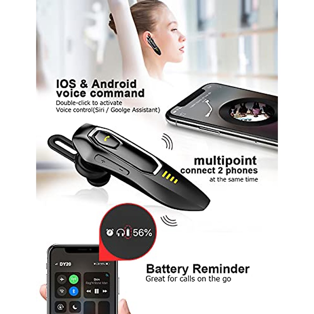 Wireless Bluetooth Earpiece V5.0 for Cell Phone, Powerful Noise Cancelling, Voice Command, Single Ear Bluetooth Headset with Microphone, Handsfree Earpiece for Trucker/Android/iPhone
