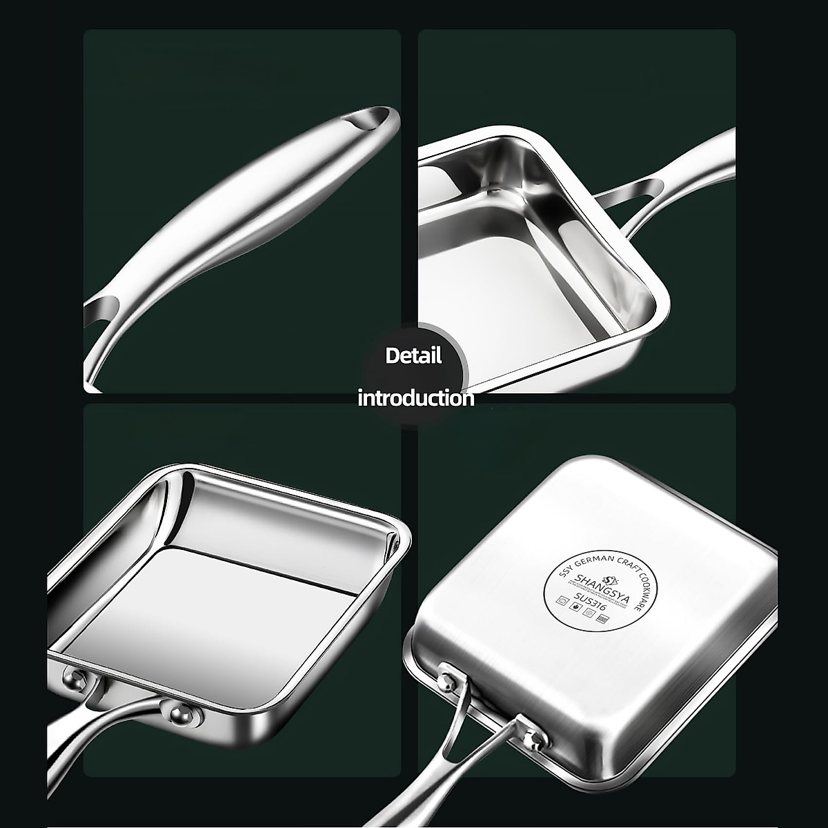 SSYSHANGSYA Japanese Omelette Pan - Tamagoyaki Nonstick Pan - Square Pan - Egg Roll Pan - Rectangle Frying Pan - Small Frying Egg Pan, Cooktop Safe, 7.5 x 6.3 inch (Stainless Steel)