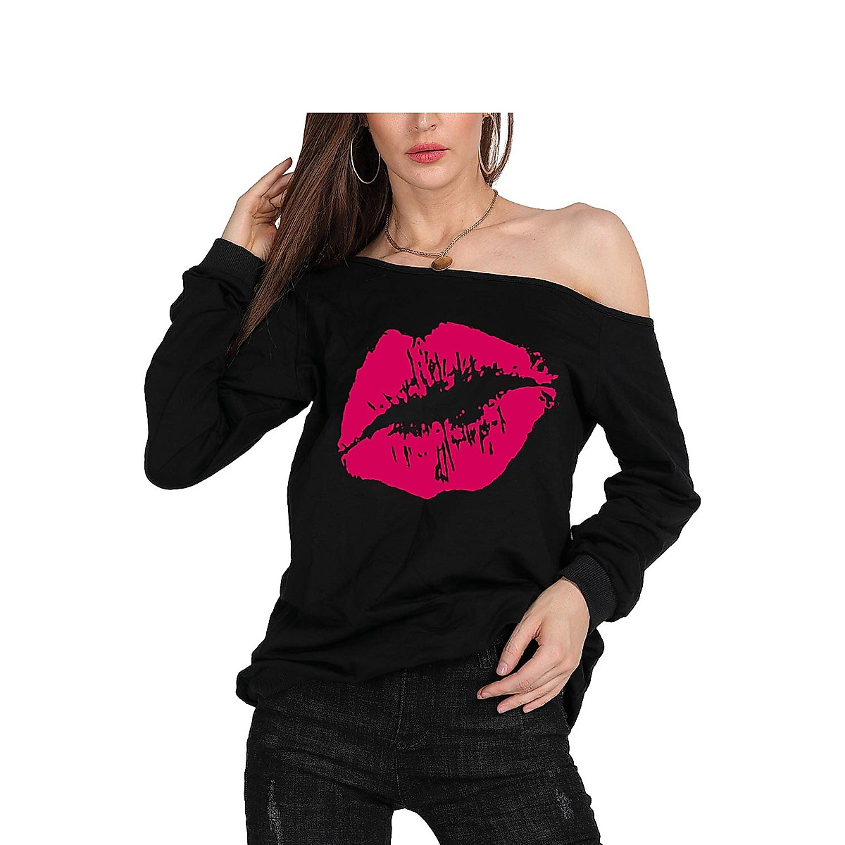 MAGICMK Woman’s Sweatershirt Lips Print Causal Blouse Off The Shoulder Long Sleeve Loose Slouchy Pullover Plus Size Tops…(XXXL)