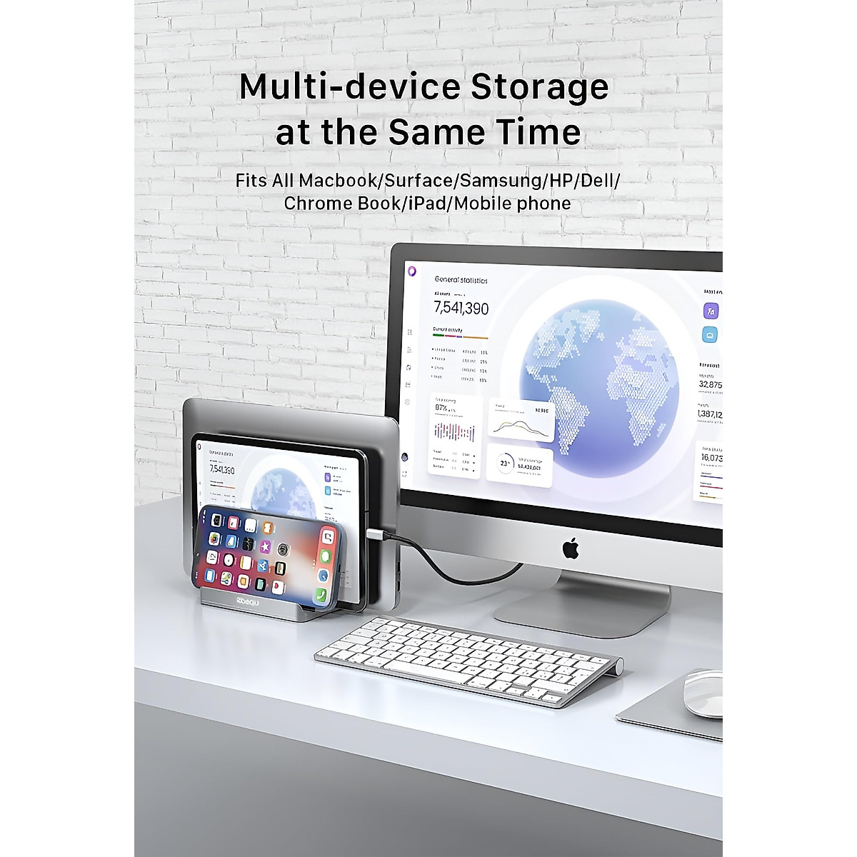 BEQU 4-in-1 Vertical Laptop Stand/Holder (Silver), 2 laptops/2 Phones simultaneously, Heavy Duty Aluminum, Anti-Slip Silicone Pad, Adjustable, Fits All IPADs/Tablets/Cell Phones/Laptops (4 Slot)