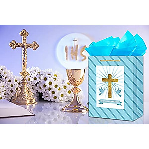 FLYAB First Holy Communion Gift Bag for Girls Boys 11.5" Easter Religious Cross Christian Gift Bag with Tissue Paper Baptism Gift Bag with Handle Christenings Confirmations Gifts for Baby Boys Girls