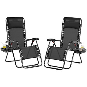Yaheetech Zero Gravity Recliners Outdoor Adjustable Folding Reclining Lounge Chairs w/Pillows, Cup Holder Trays and Carry Strap for Patio Backyard Beach Black Set of 2