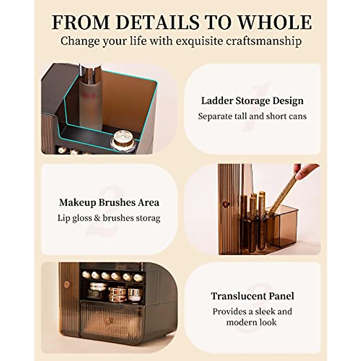 HAIXIN Makeup Organizer for Vanity, Cosmetic Storage Organizer with Brush Holder, Cosmetics Display Case with Drawer for Cosmetics, Lipsticks, Nail Care, Skincare Bedroom Bathroom Countertop