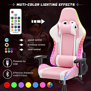 Gaming Chair with Bluetooth Speakers RGB LED Lights, Music Video Game Chair, Ergonomic PU Leather High Back Computer Chair, Adjustable Reclining Racing Office Swivel Chair for Adult Teens, Pink