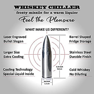 WHISKEY STONES EXTRA LARGE 6 PCS. STAINLESS STEEL SILVER BULLETS with Revolver Barrel Base Laser Engraved Ice Cubes Chillers Reusable Chilling Rocks Stone Gift Set for Men Father's Day Military Man.