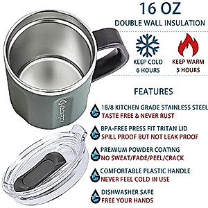 VOLCAROCK Camping Mug with Lid and Handle, 16oz Insulated Stainless Steel Coffee Travel Mug, BPA Free Coffee Mug, Perfect for Hot & Cold Drinks (Grey)