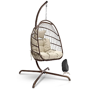 RADIATA Foldable Wicker Rattan Hanging Egg Chair with Stand, Swing Chair with Cushion and Pillow, Lounging Chair for Indoor Outdoor Bedroom Patio Garden (Brown with Cover)