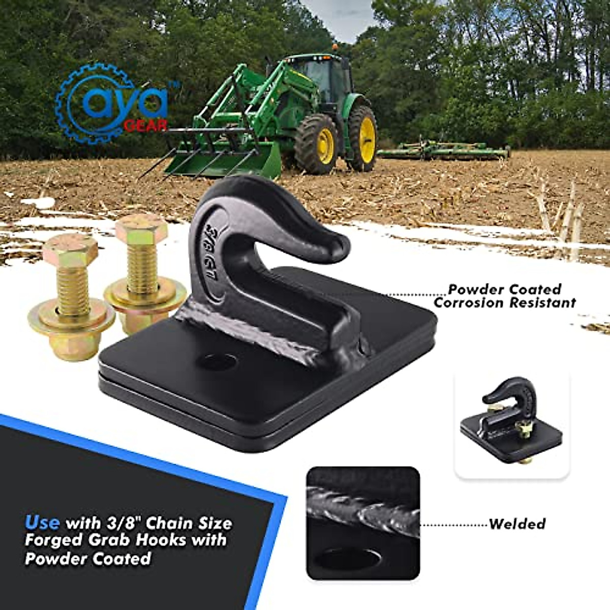 AyA Gear 2 Pack 3/8-in Bolt On Grab Hook Mount with Backer Plate Grab Hook Grade 70 Forged Steel Tow Hook Work Well for Loader, Tractor Bucket, RV, UTV,Truck (Black)