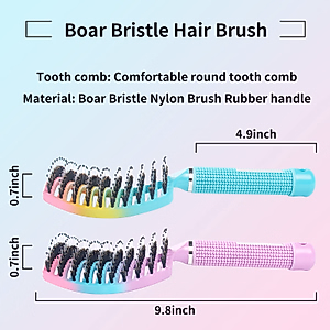 2 Pack Detangling Brush Getting Knots Out without Pain Adds Shine and Makes Hair Smooth,Detangler Boar Bristle Hair Brush for Adult & Kids Wet or Dry Hair(Green&Pink)