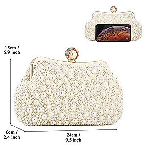 UBORSE Women Pearl Clutch Bead Rhinestone Evening Clutch Bag with removable Pearl Chain Ivory White