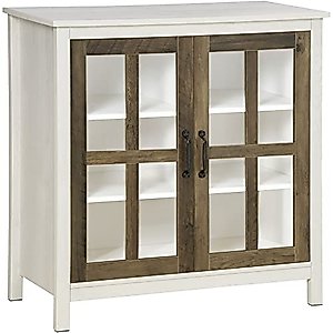 HOMCOM Kitchen Sideboard, Glass Door Buffet Cabinet, Accent Cupboard with Adjustable Storage Shelf for Living Room, Distressed White